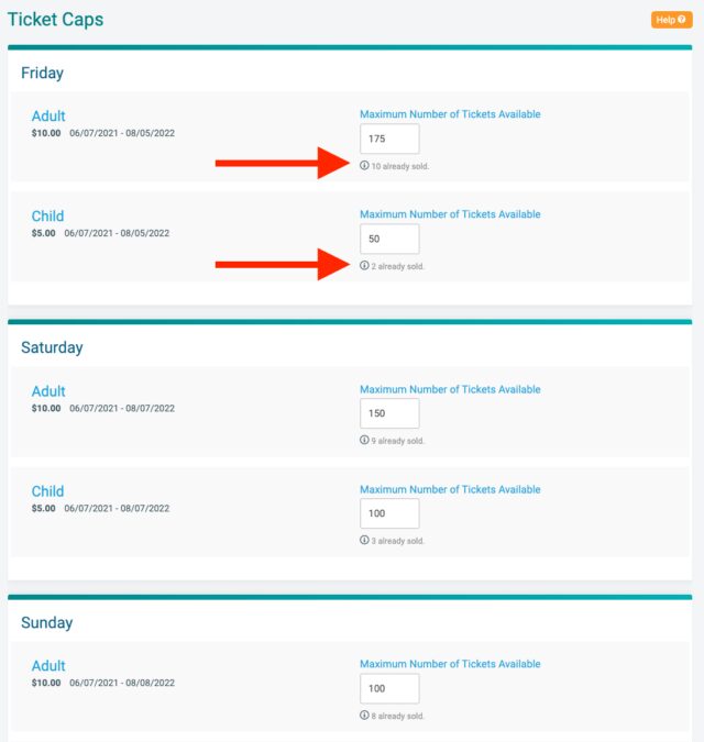 Tickets Sold on Ticket Caps Setup Page - TicketSignup