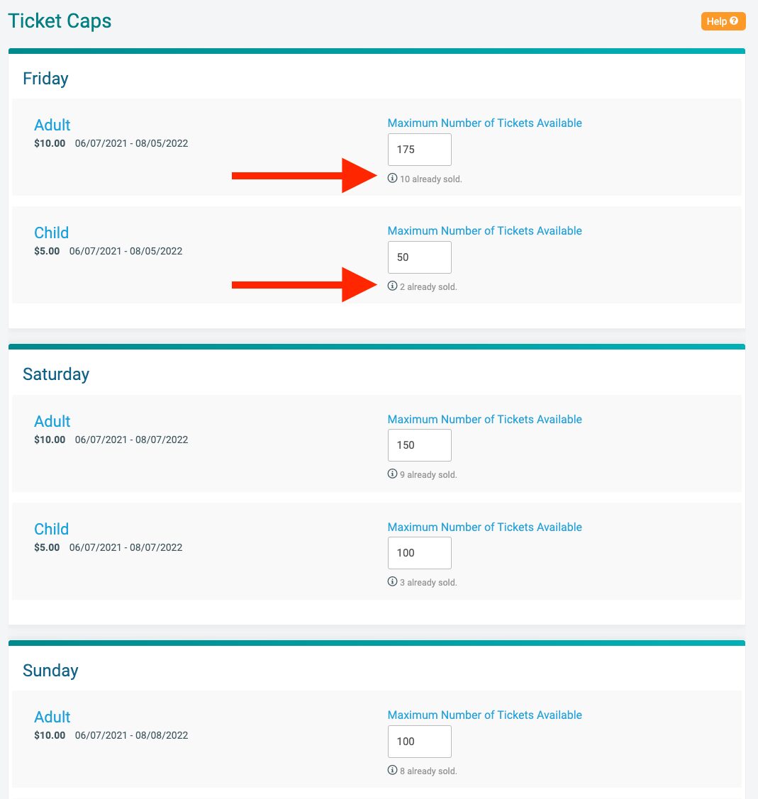Tickets Sold on Ticket Caps Setup Page - TicketSignup