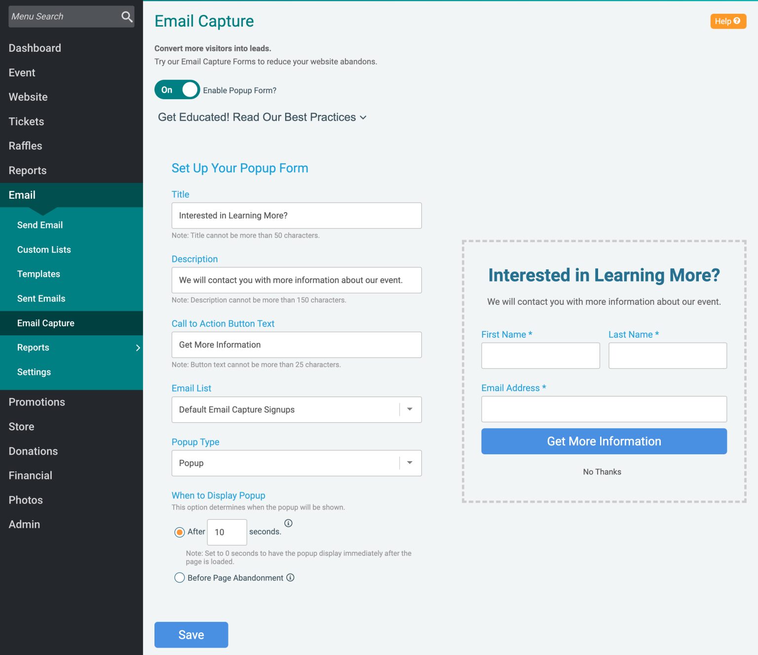 Email Capture Popup for Ticket Events - TicketSignup