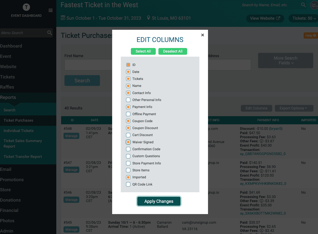 Export Visible Columns on Ticket Reports - TicketSignup