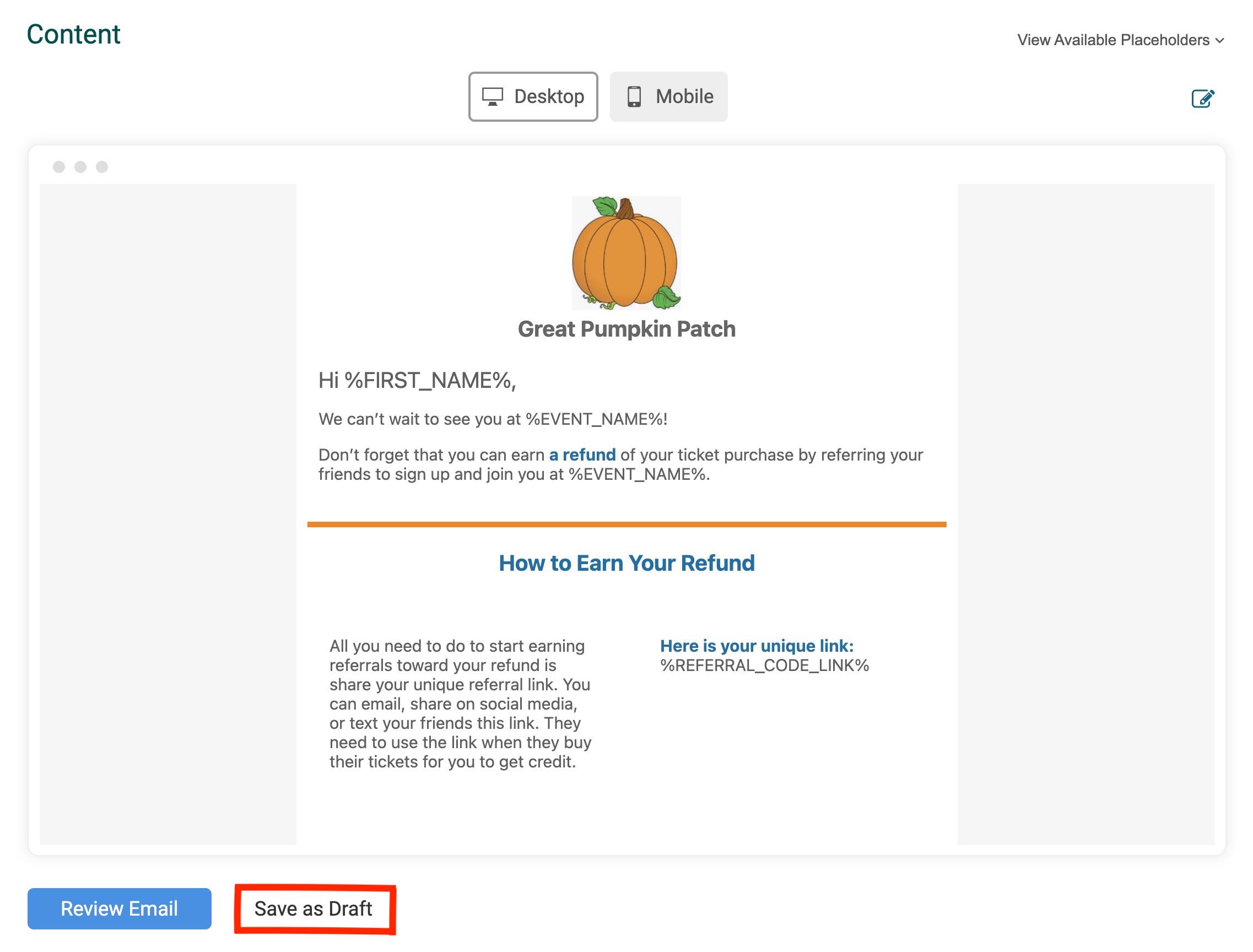 Email Save as Draft - TicketSignup
