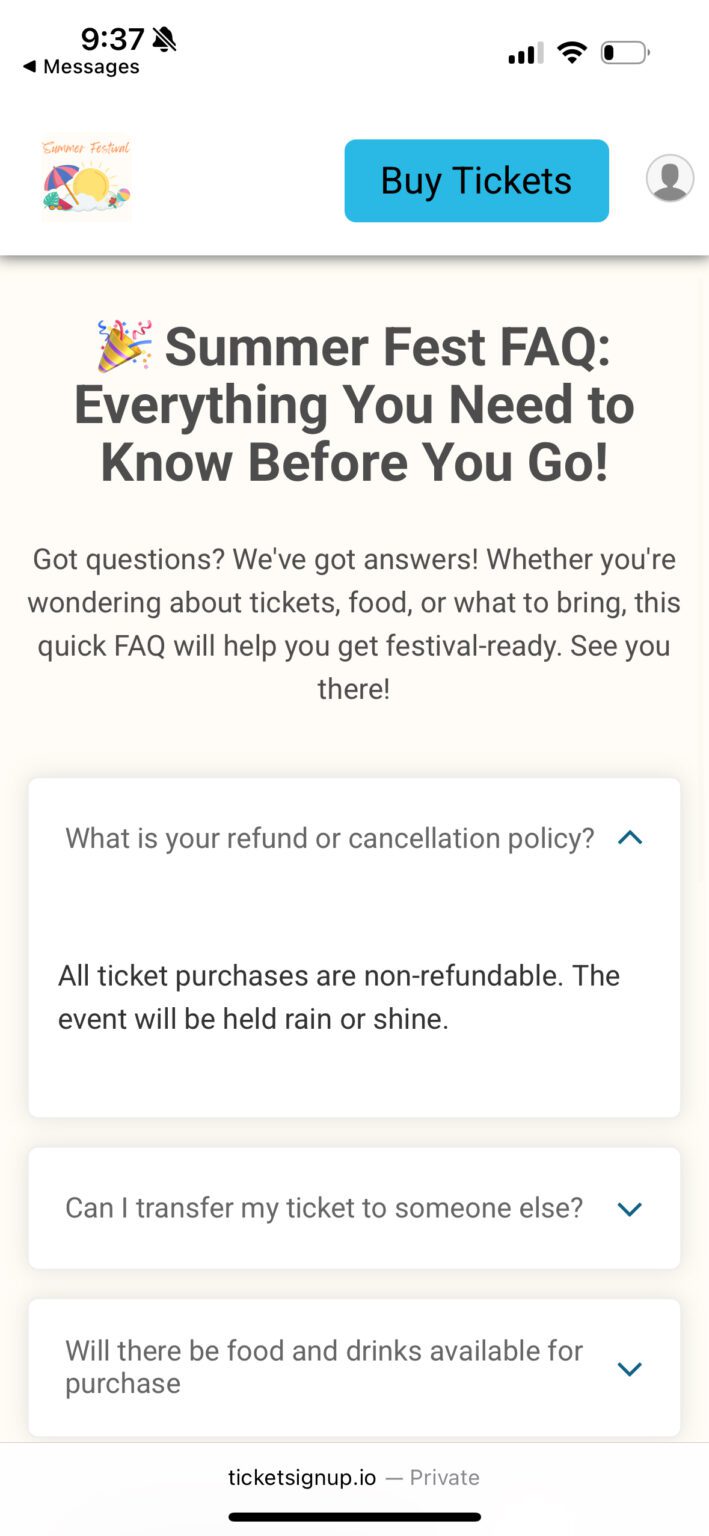 FAQ Component for Ticket Websites - TicketSignup